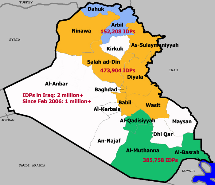 A map of Iraq and its 17 provinces highlighting the three main areas of ...