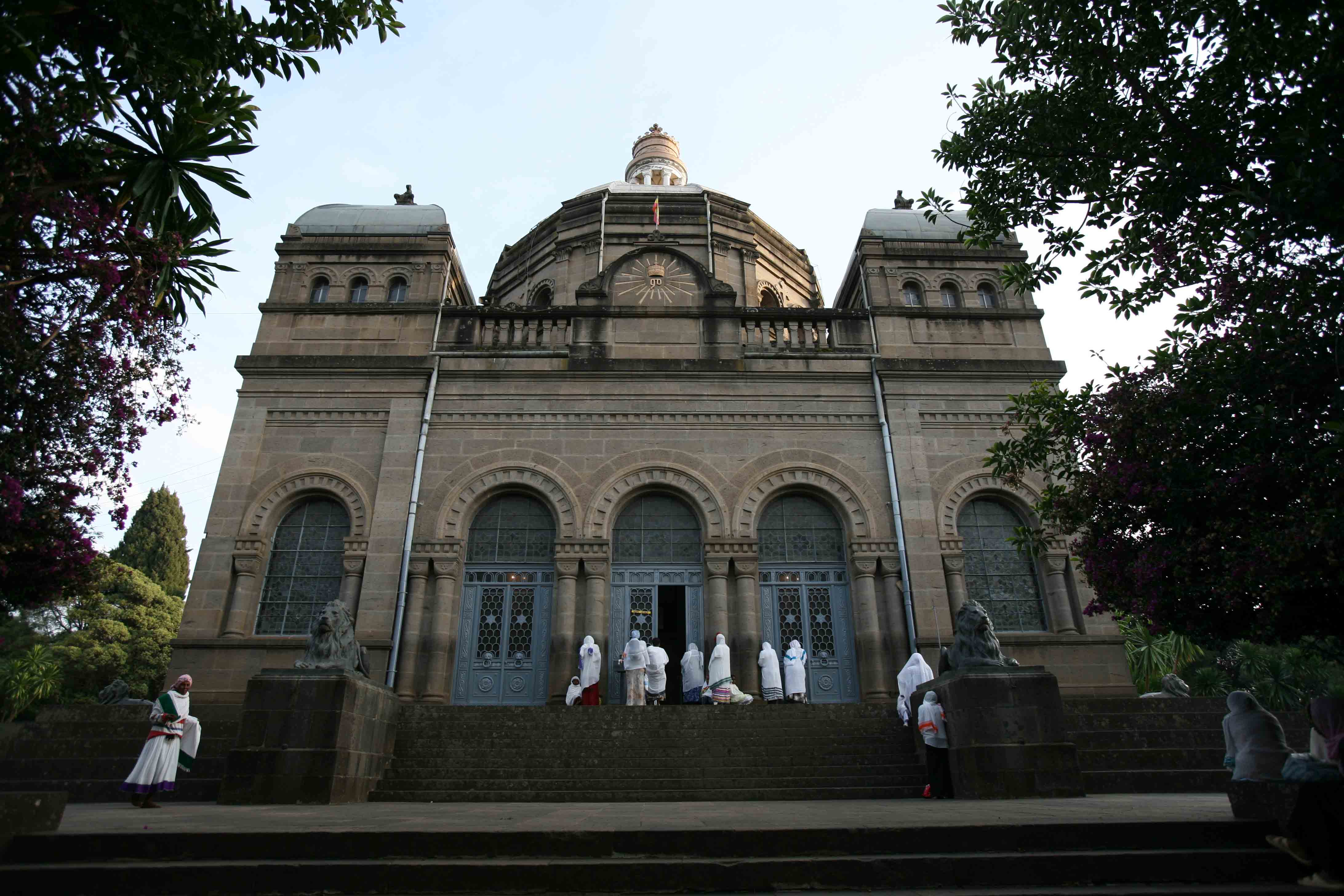 View of the Orthodox Church as some believers wait for the worship ...