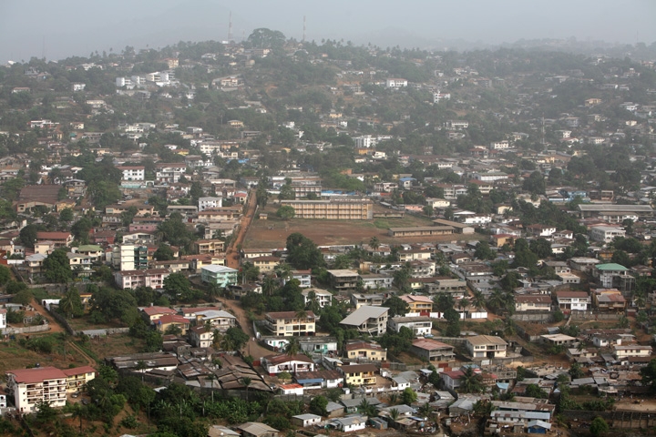 Aerial view of Freetown, capital city of Sierra Leone. February 2008 ...