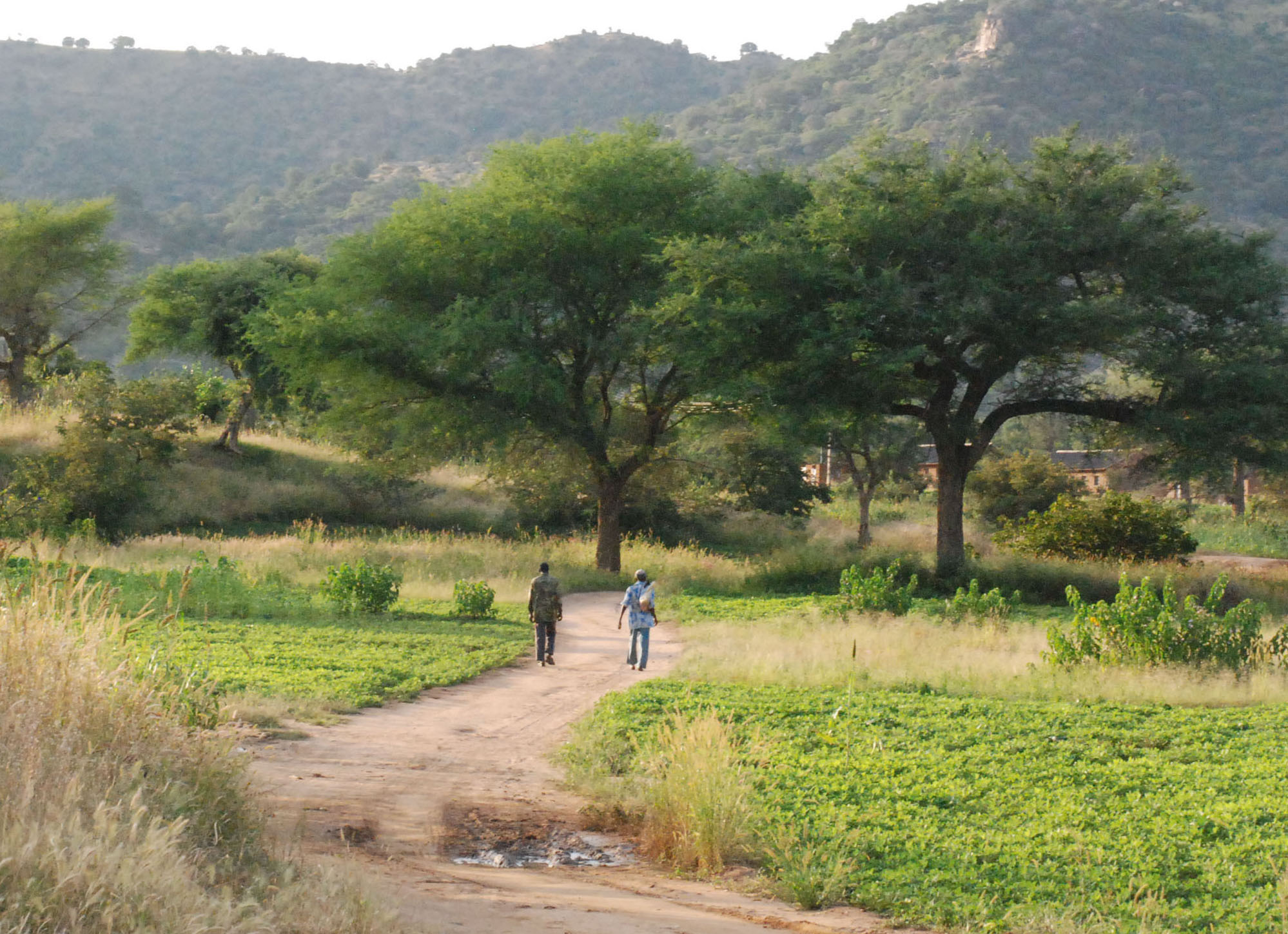 Sudanese men walk home through the settlement of Kauda, in the Nuba ...