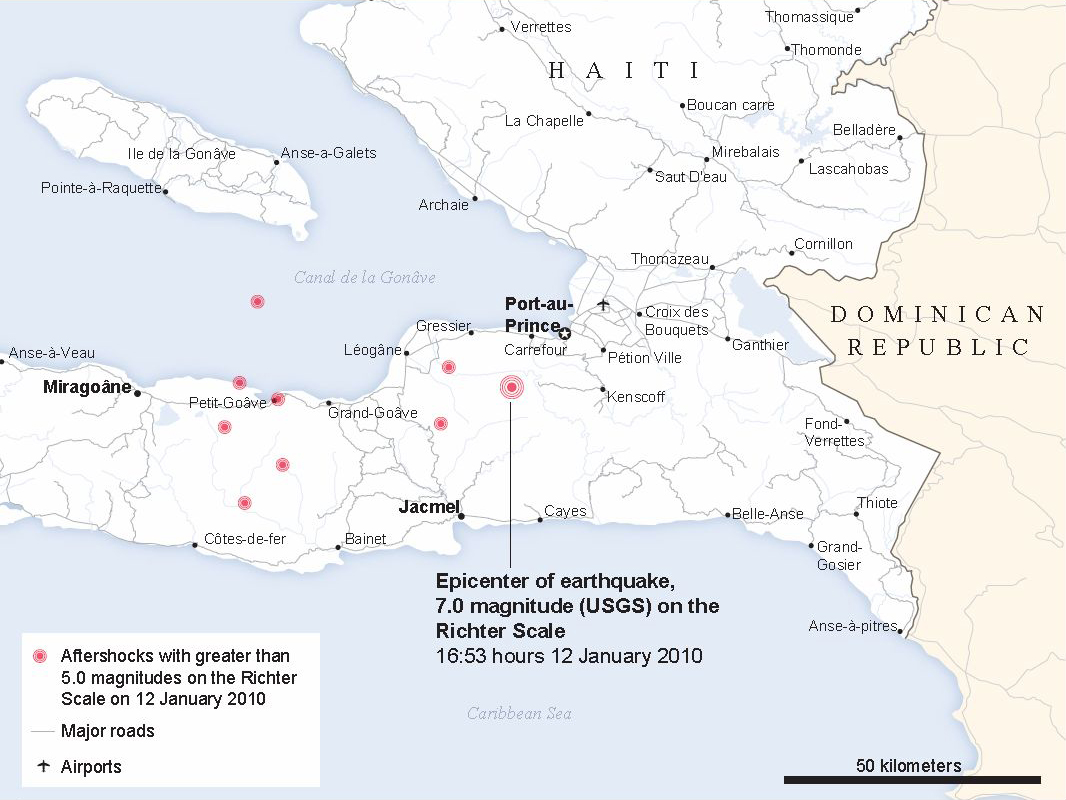 Haiti - Earthquake epicenter and aftershock map - 13 January 2010 (See ...