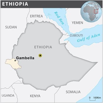 Map showing Gambella region and its capital. (Based on OCHA/Reliefweb ...
