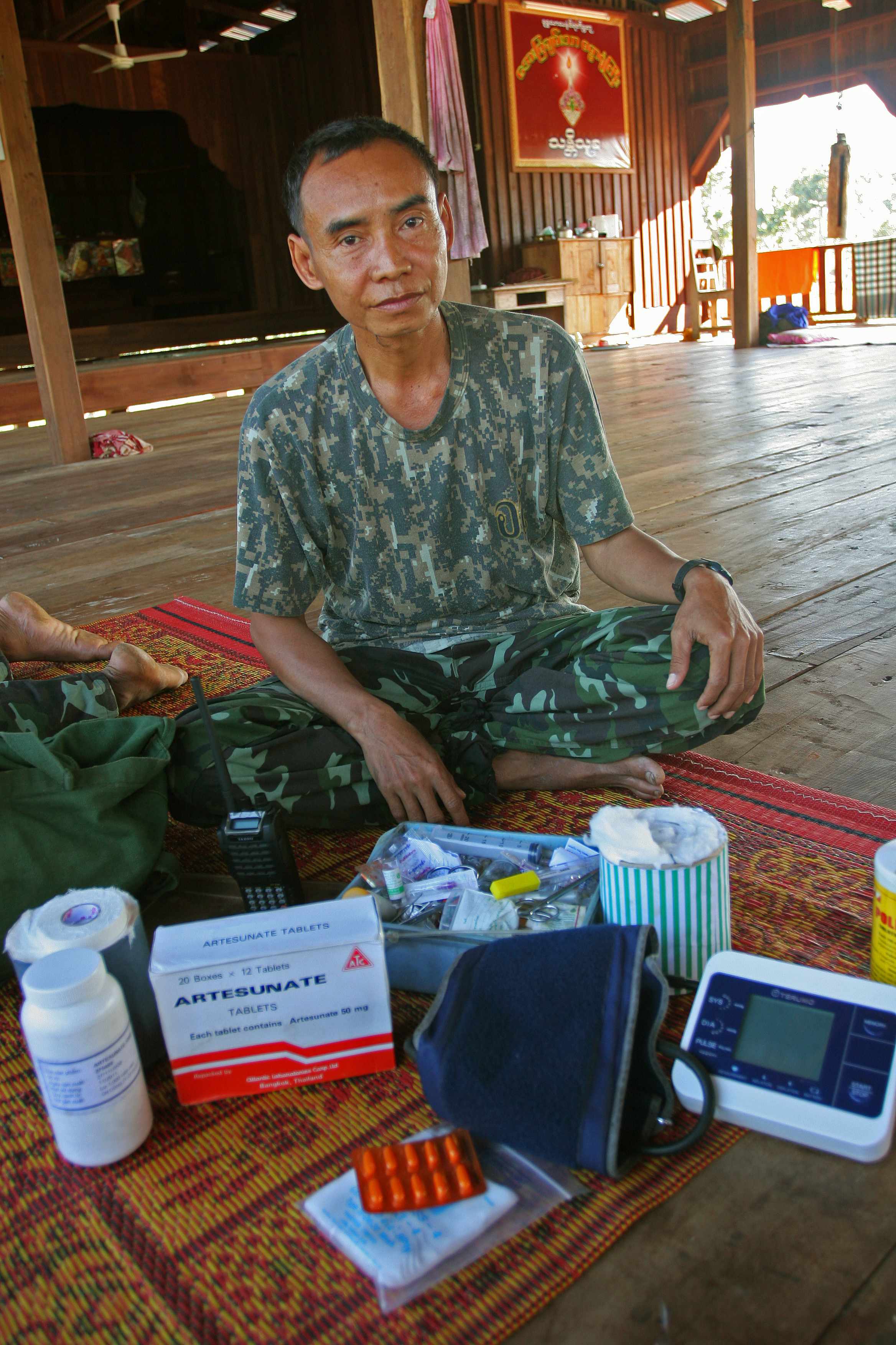DKBA army medic Saw Kwe with his gear, at temporary clinic in Karen ...