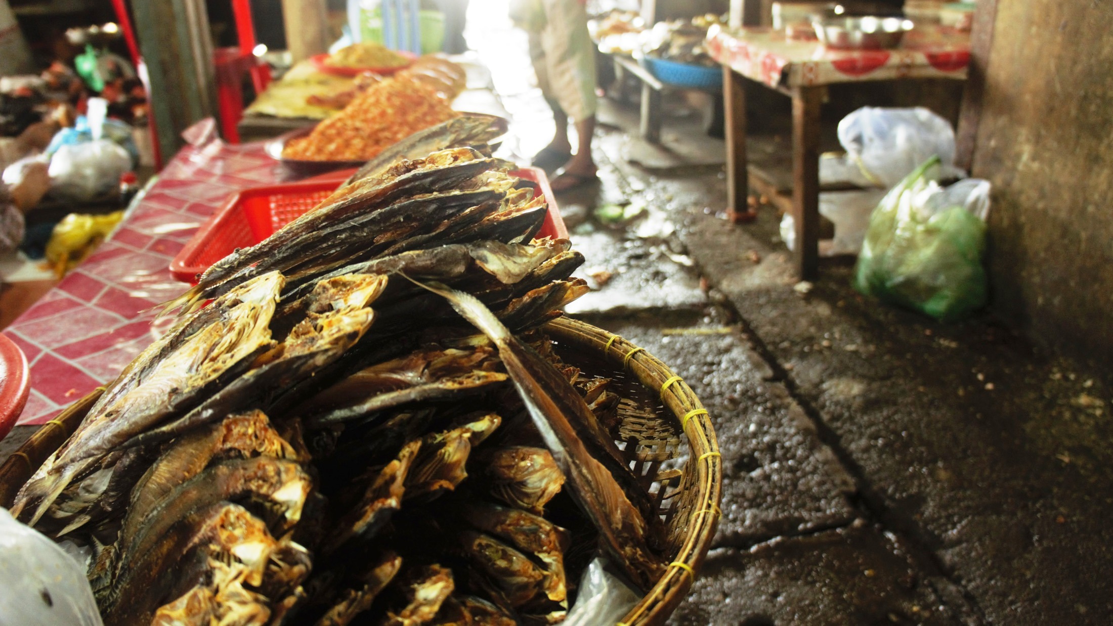 Dried fish for sail in a Phnom Penh market. Cambodians rely heavily on ...