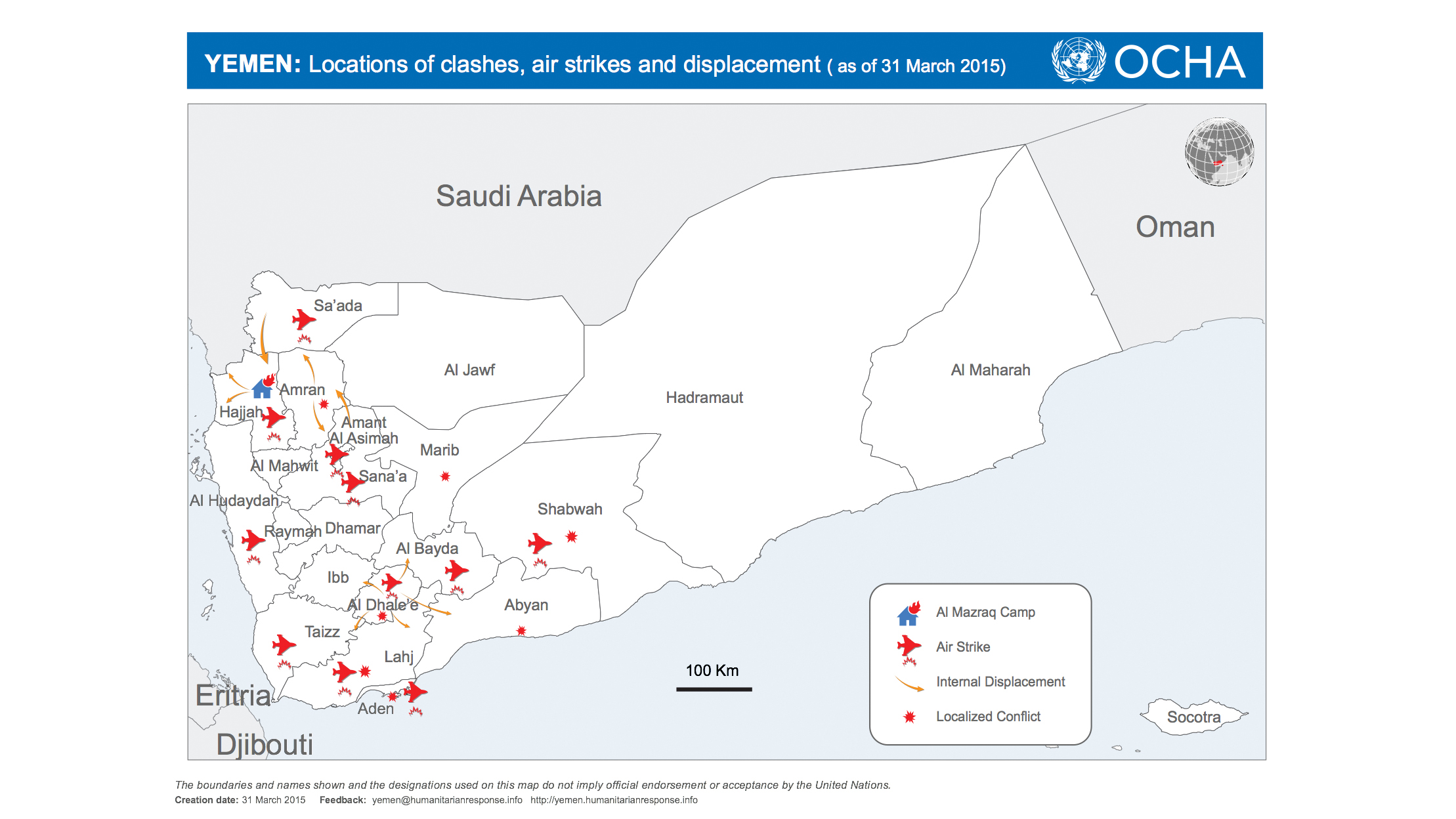 OCHA map of airstrikes in Yemen - March 31, 2015 | The New Humanitarian