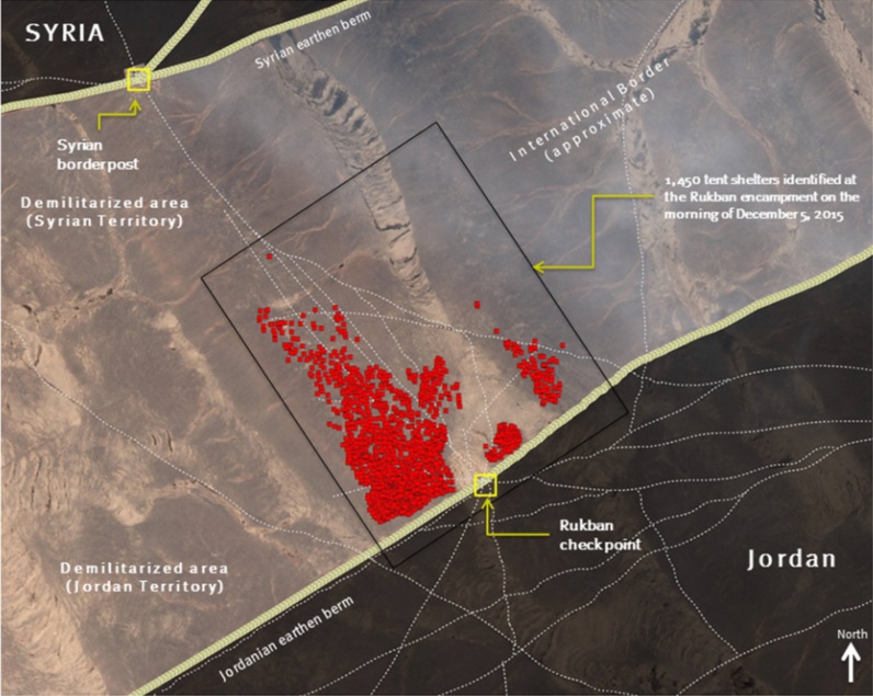Satellite image of Syrian asylum seeker encampment, Rukban, Jordan ...